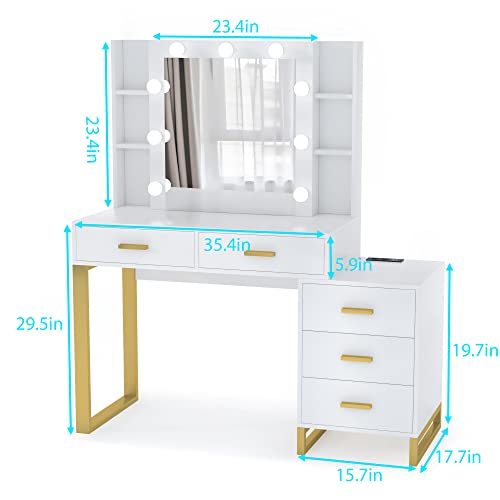 PAKASEPT Vanity Makeup Desk with Lights and Charging Station, Dressing Table Vanity Desk with Mirror and Lights,Storage Shelves, Drawers for Bedroom,White