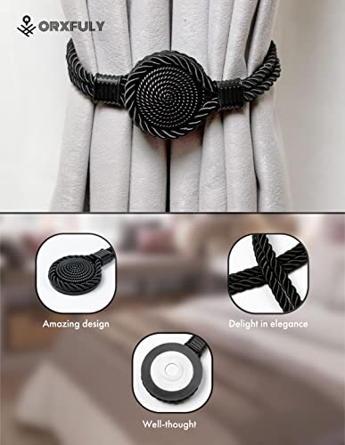 Magnetic Curtain Tiebacks - Modern Unique Upgraded Design 2023 Elegant Twisted Polyester Rope with Strong Magnets Decorative Holdbacks for Window Drapes & Curtains ORXFULY (Black, 2) (ck-041)