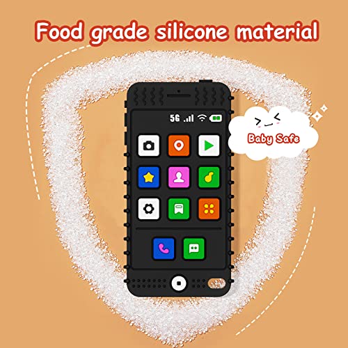 FFTROC Silicone Baby Teething Toys, Teether for Babies 6-12 Months, Smart Phone Shape Teether, Sensory Chew Toys for Boys & Girls - Black