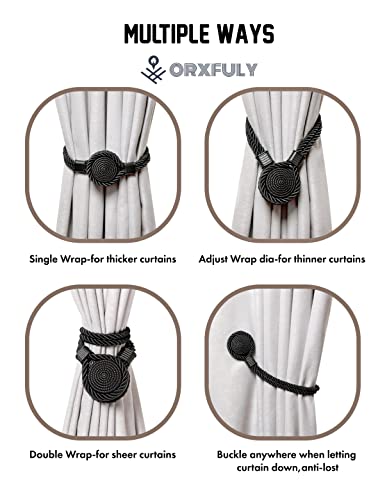 Magnetic Curtain Tiebacks - Modern Unique Upgraded Design 2023 Elegant Twisted Polyester Rope with Strong Magnets Decorative Holdbacks for Window Drapes & Curtains ORXFULY (Black, 2) (ck-041)