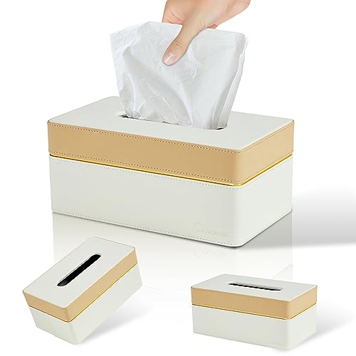 Tissue Box Holder Cover Rectangular, Modern PU Leather Decorative Tissue Holders Organizer-Apricot Cream