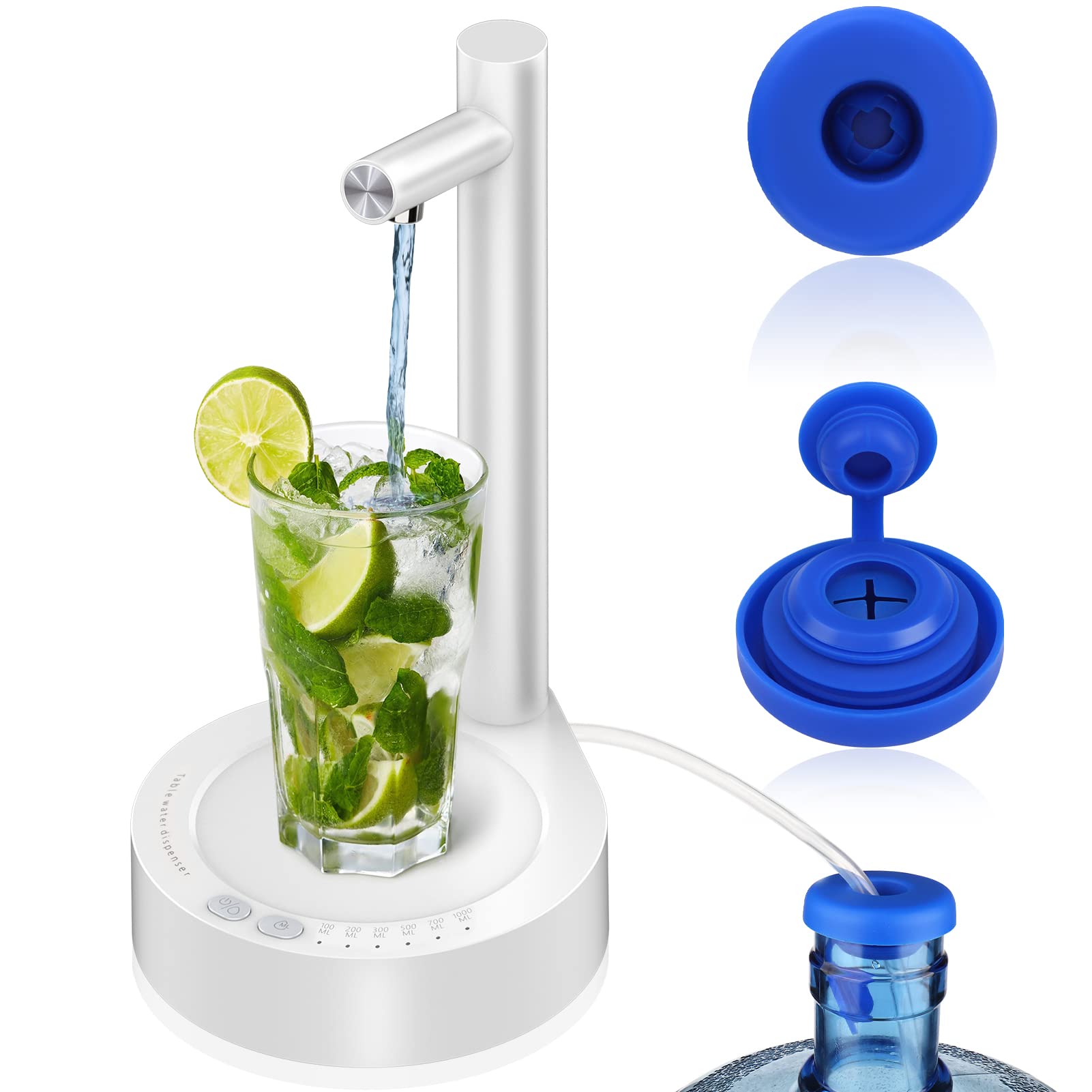 BABORUI Desktop Water Dispenser, 7 Quantitative Levels Electric Bedside Water Dispenser for 5 Gallon Bottle & Universal Bottle, Automatic Off Water Jug Dispenser with Jug Cap for Home, Office, Outdoor