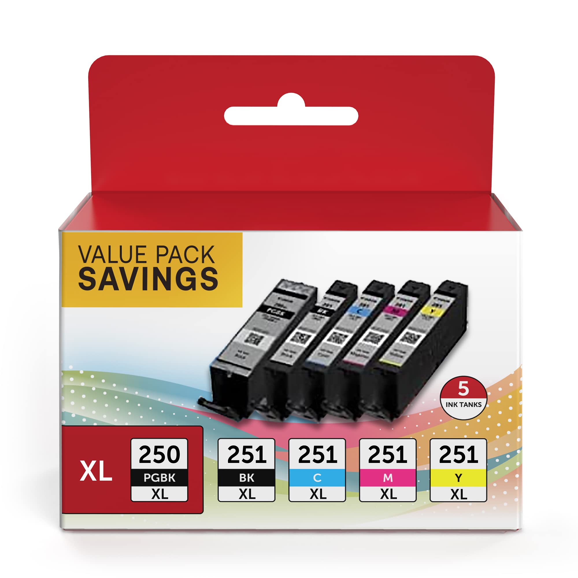 PGI-250XL CLI-251XL 5 Color Value Pack, Compatible for Canon 250 251 Ink Cartridges to use with PIXMA MX922, MG5420, MG5520, MG5522, MG6320, MG6620, IP7220 (PGBK, Black, Cyan, Magenta, Yellow)