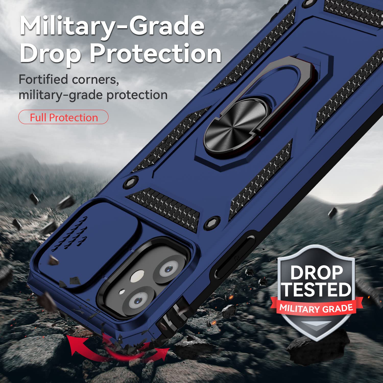 for iPhone 11 Case with Camera Lens Cover HD Screen Protector, Dual Layer [15 FT Military Grade Drop Protection] Magnetic Ring Holder Kickstand Protective Phone Case for iPhone 11 6.1 inch (Navy Blue)