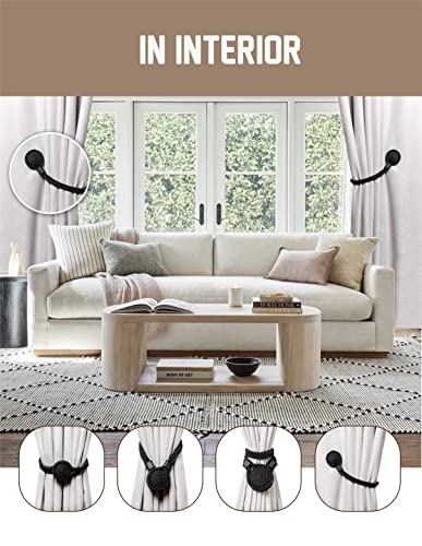 Magnetic Curtain Tiebacks - Modern Unique Upgraded Design 2023 Elegant Twisted Polyester Rope with Strong Magnets Decorative Holdbacks for Window Drapes & Curtains ORXFULY (Black, 2) (ck-041)