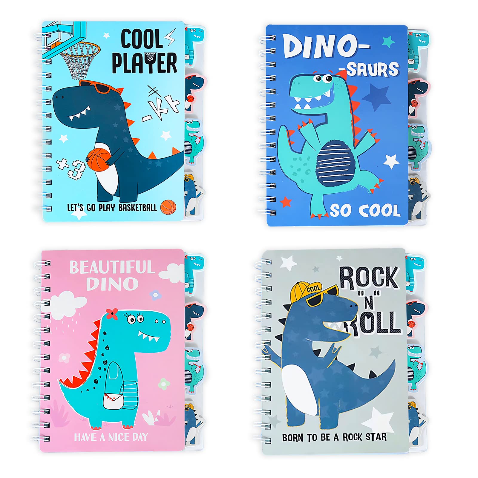 Rhuyoshn Dino Notebooks for Kids - Small Cartoon Spiral Notepads - 4 Pack Cute Dianosaur Writing Journal Diary Note Pads, Lined Paper, for Boys Students