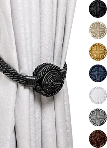 Magnetic Curtain Tiebacks - Modern Unique Upgraded Design 2023 Elegant Twisted Polyester Rope with Strong Magnets Decorative Holdbacks for Window Drapes & Curtains ORXFULY (Black, 2) (ck-041)