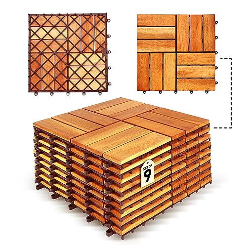 Cloverholm 10 Pcs Acacia Wood Deck Tiles - Waterproof, 12' x 12', Patio Tiles for Indoor & Outdoor, Garden, Roof Terrace - Checker Pattern (Natural-12S-9P)