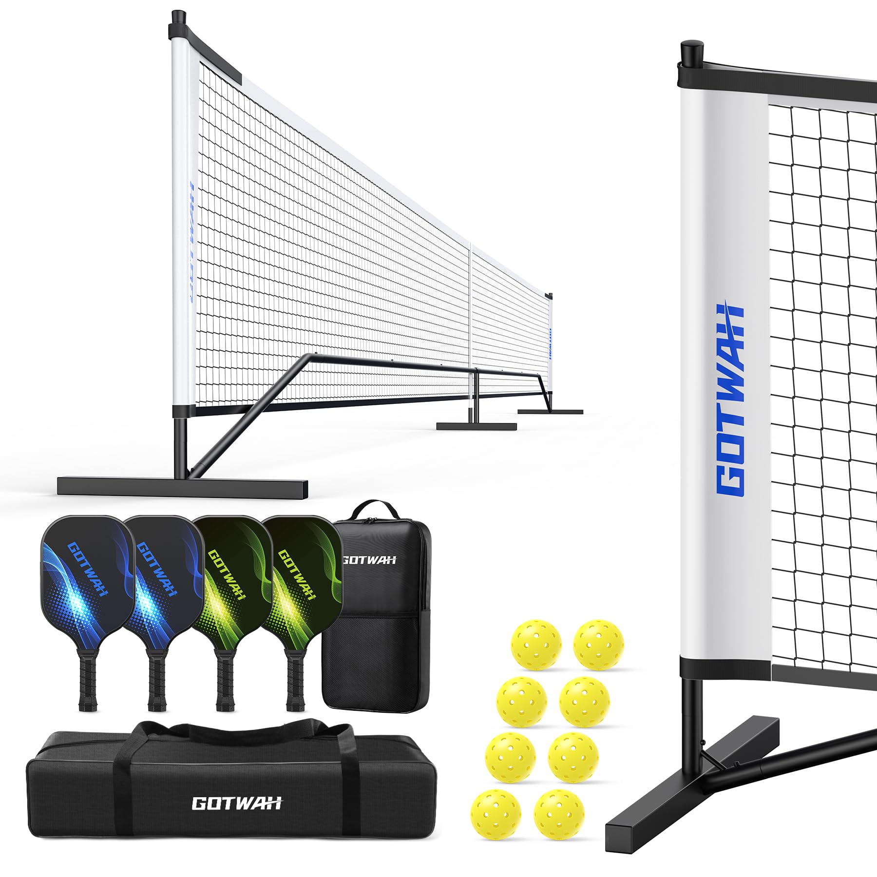 GOTWAH Pickleball Net System with 4 Lightweight Fiberglass Pickleball Paddles & Balls Outdoor Portable Pickleball Set with Net 22FT Regulation Size Weather Resistant for Badminton Driveway Backyard