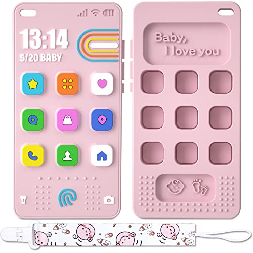 Scuwtocn Silicone Phone Teether for Baby Teething Toys for Baby 6-12 Months, Teething Toys for Babies 0-6 Months - Toddler Pretend Play Phone Chew Baby Toys - Pink