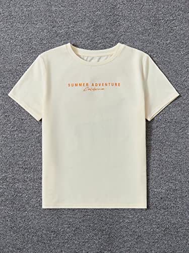 COZYEASE Boys' Oversized Letter Graphic Print Tee Top Round Neck Short Sleeve Casual Summer T Shirt Beige 10Y
