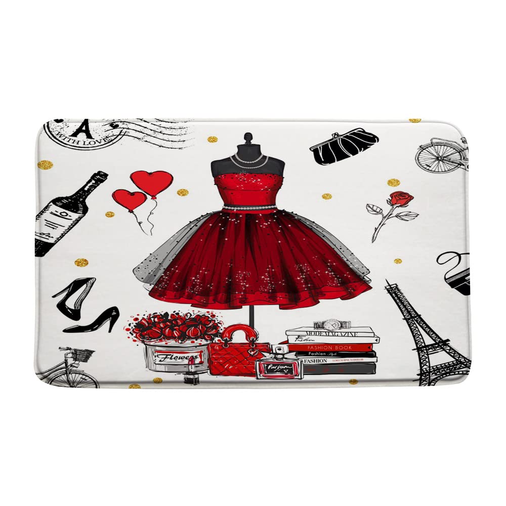 GURMQIK Red Dress Bath Mat Fashion Paris Makeup Heels Modern Girls Women Bathroom Decor Rug Microfiber Memory Foam