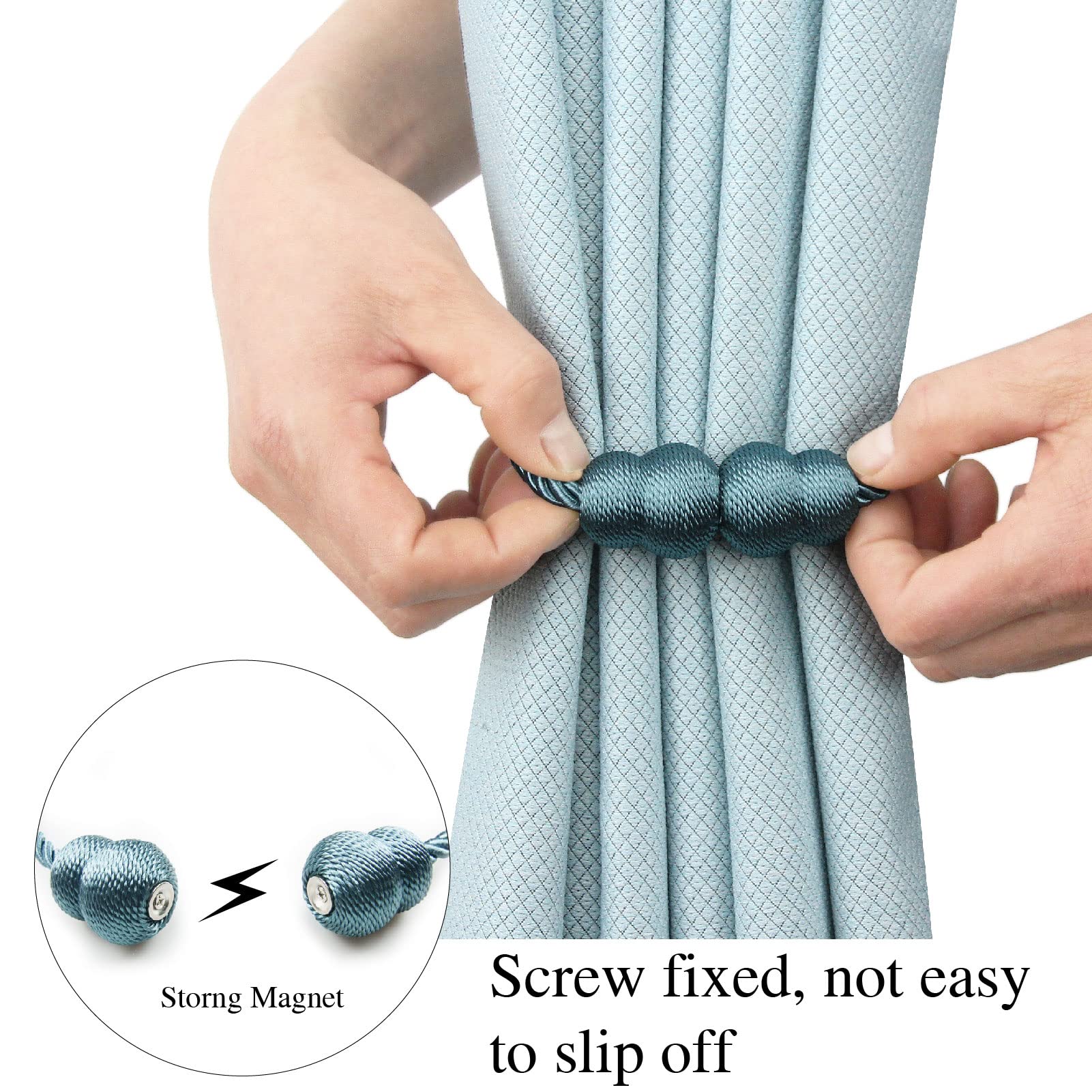 Hangtty Magnetic Curtain Tiebacks 2 Pack Rope Decorative Curtain Tie Backs Elegant Curtain Holders for Drapes Outdoor Window Treatment Holdbacks, Blue