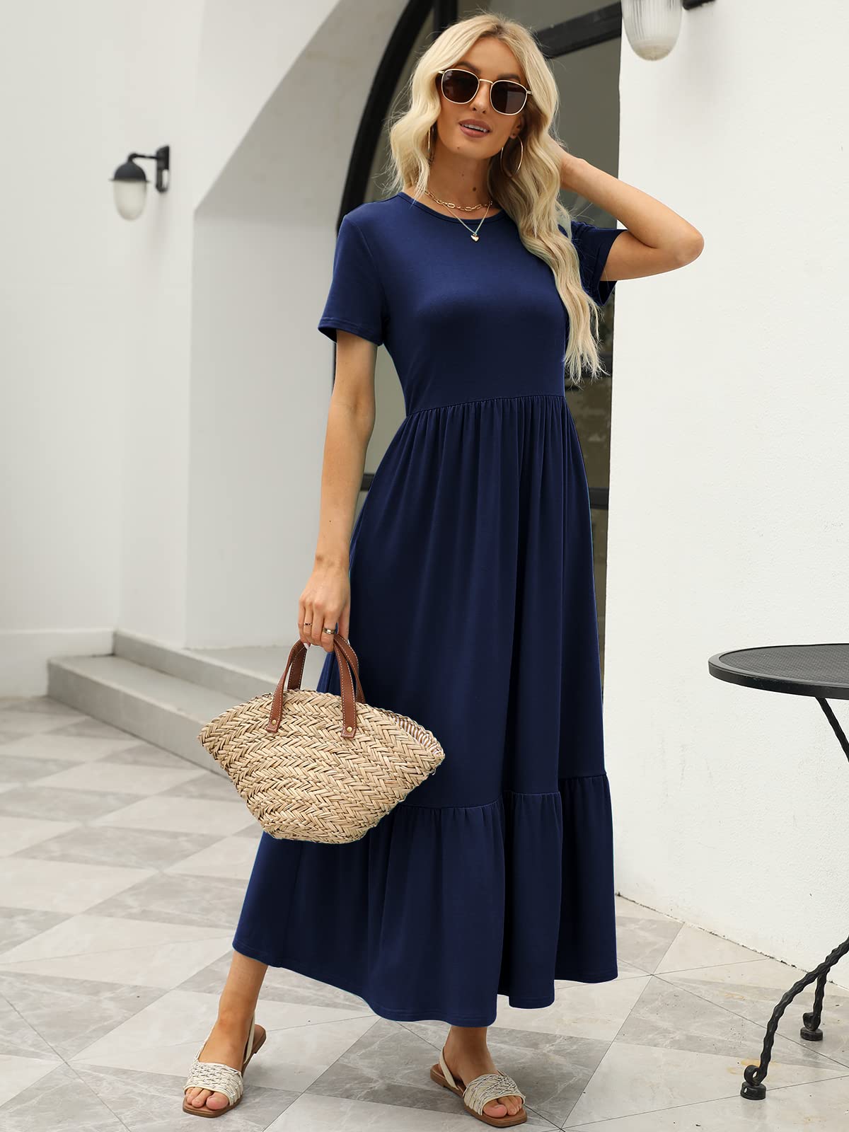 LILLUSORY Womens Short Sleeve Crew Neck Tiered Flowy Swing Midi Dresses with Pockets Navyblue