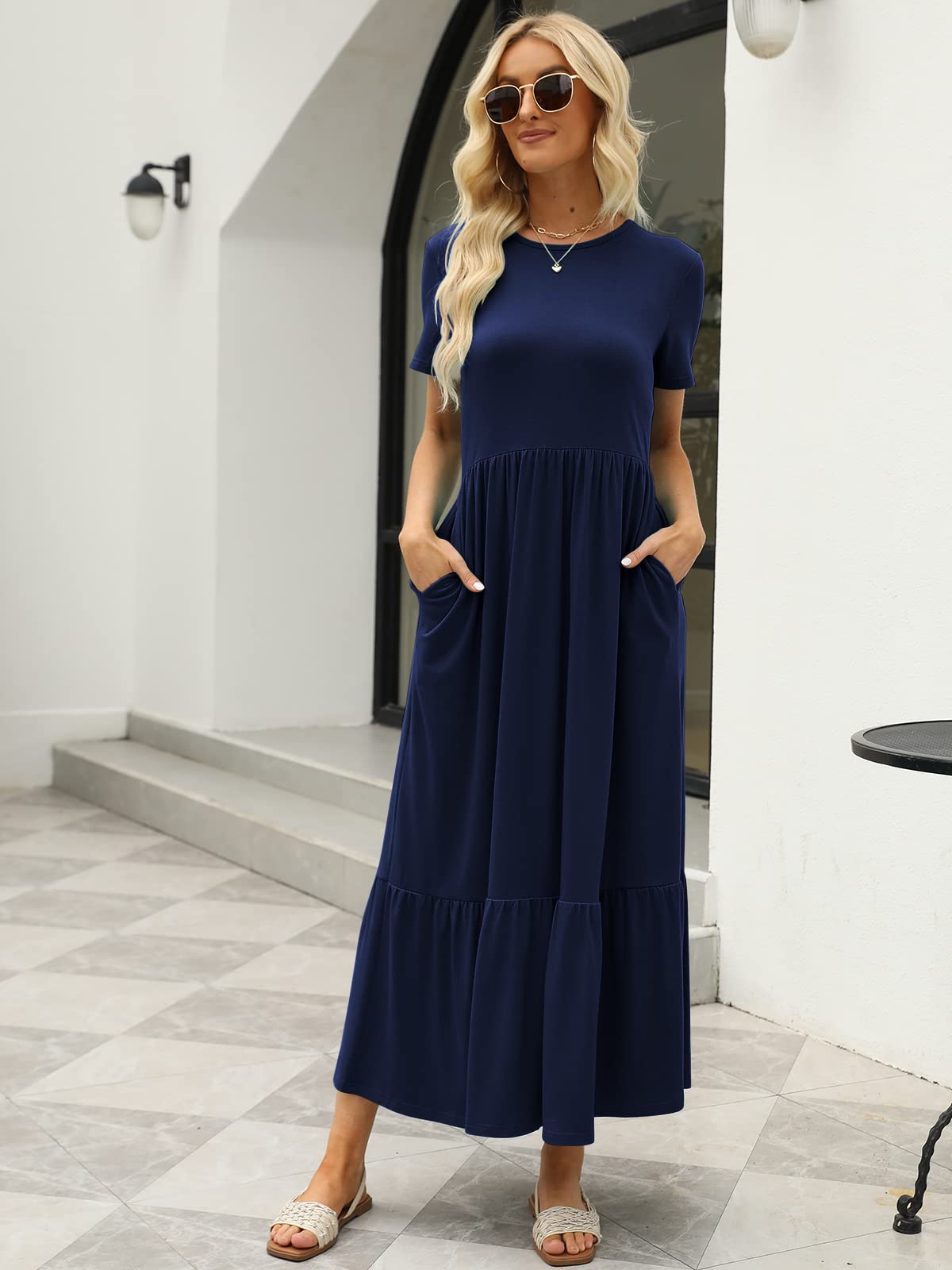 LILLUSORY Womens Short Sleeve Crew Neck Tiered Flowy Swing Midi Dresses with Pockets Navyblue
