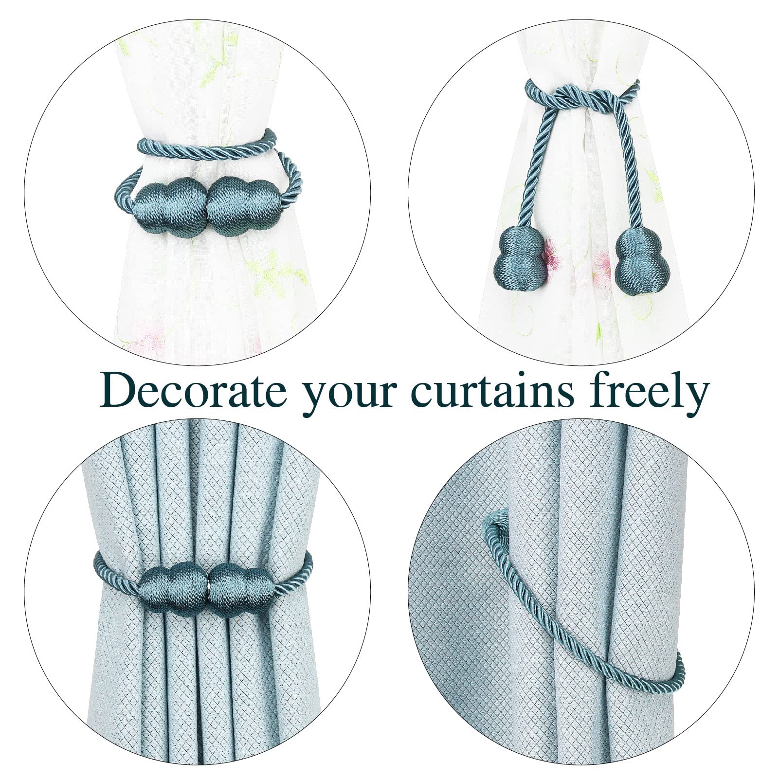 Hangtty Magnetic Curtain Tiebacks 2 Pack Rope Decorative Curtain Tie Backs Elegant Curtain Holders for Drapes Outdoor Window Treatment Holdbacks, Blue