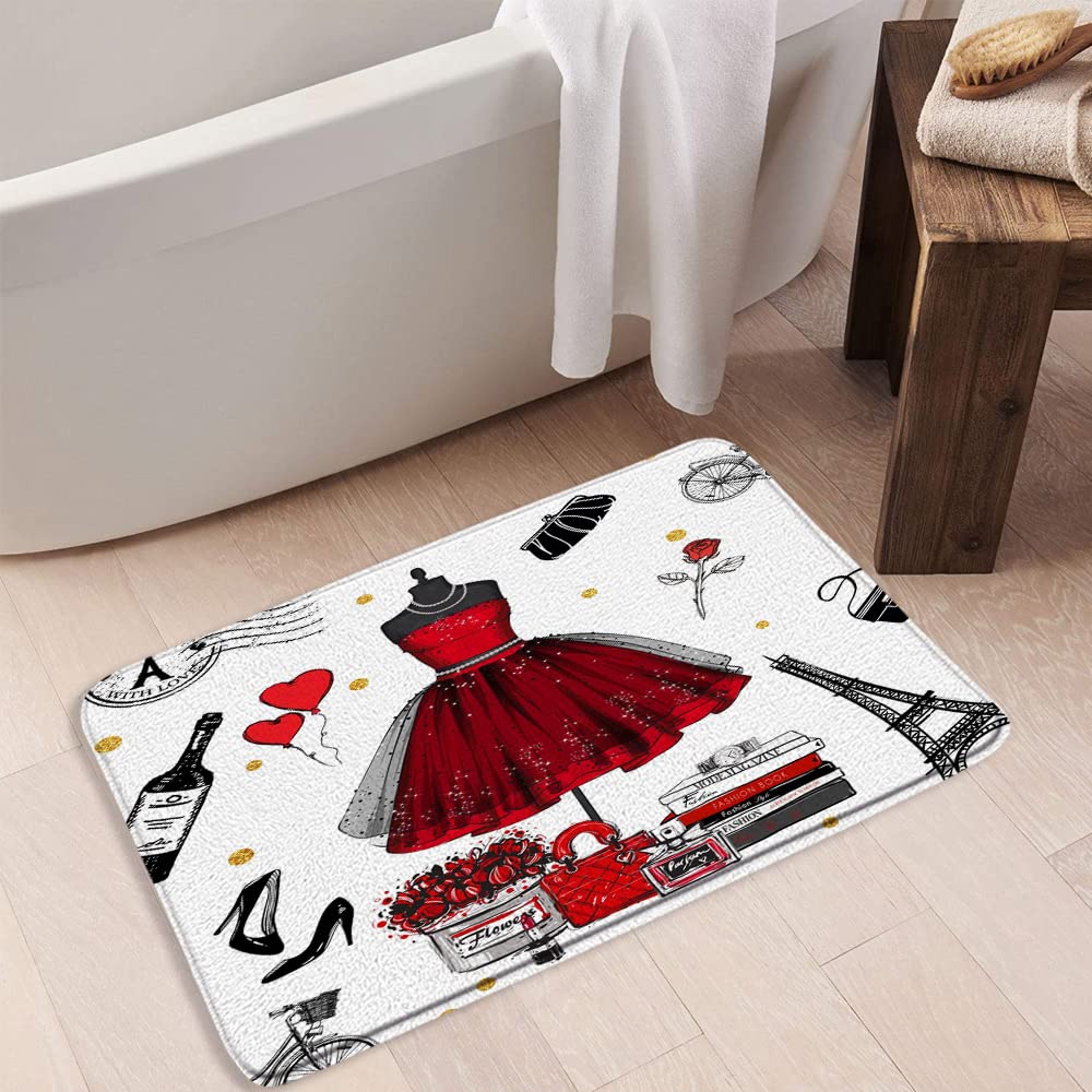 GURMQIK Red Dress Bath Mat Fashion Paris Makeup Heels Modern Girls Women Bathroom Decor Rug Microfiber Memory Foam