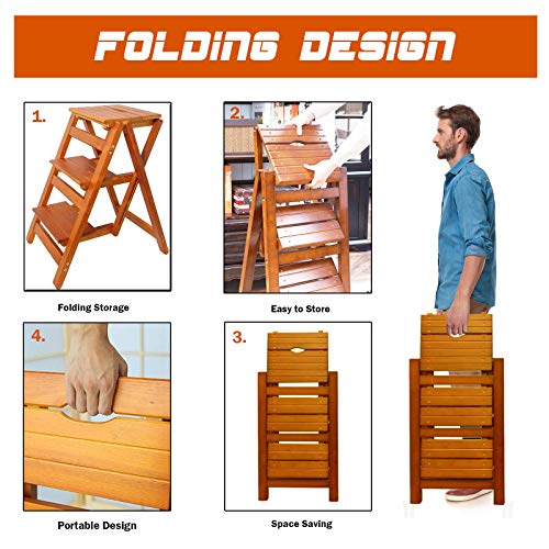 3 Step Stool Home Wooden Folding Ladder Chair Thickened Library Stair Chair Portable Light Garden Tool Ladder Maximum Load 150KG