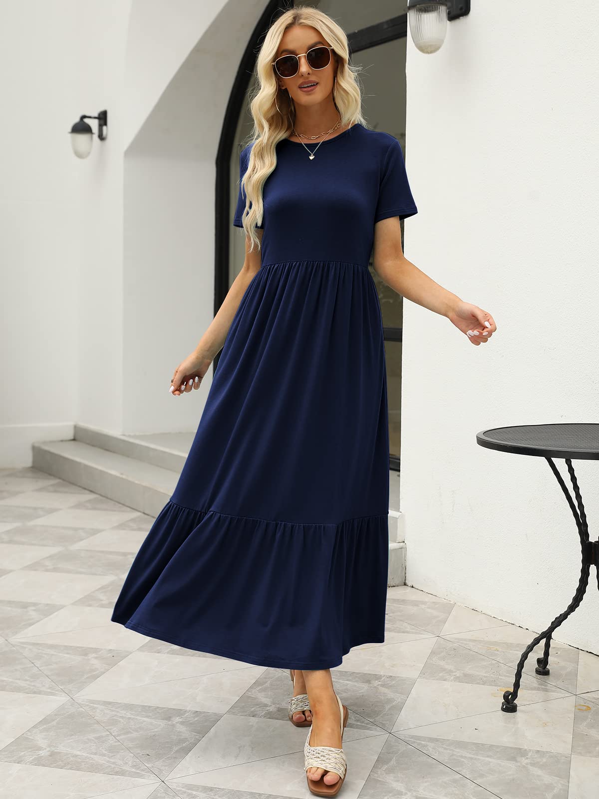 LILLUSORY Womens Short Sleeve Crew Neck Tiered Flowy Swing Midi Dresses with Pockets Navyblue