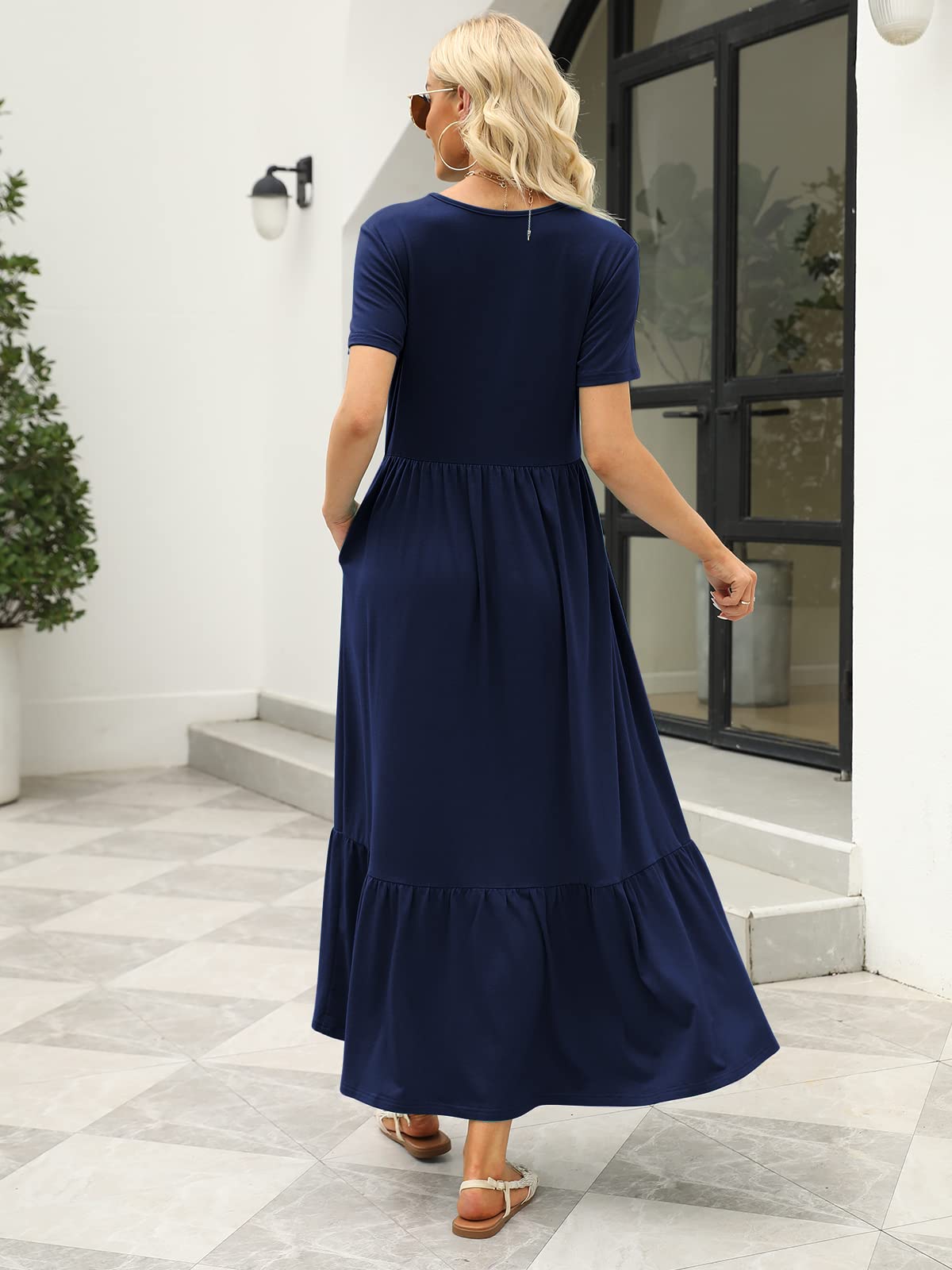 LILLUSORY Womens Short Sleeve Crew Neck Tiered Flowy Swing Midi Dresses with Pockets Navyblue