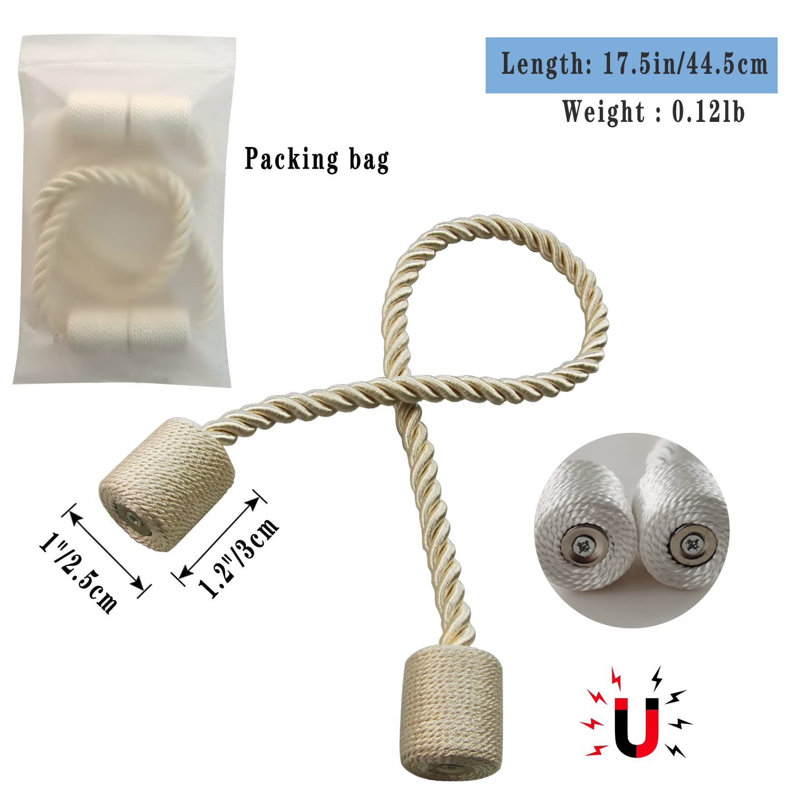 Hangtty Magnetic Curtain Tiebacks 2 Pack Beige Curtain Rope Tieback Curtain Holders for Drapes Modern Tie Backs Decorative Curtain Holdbacks