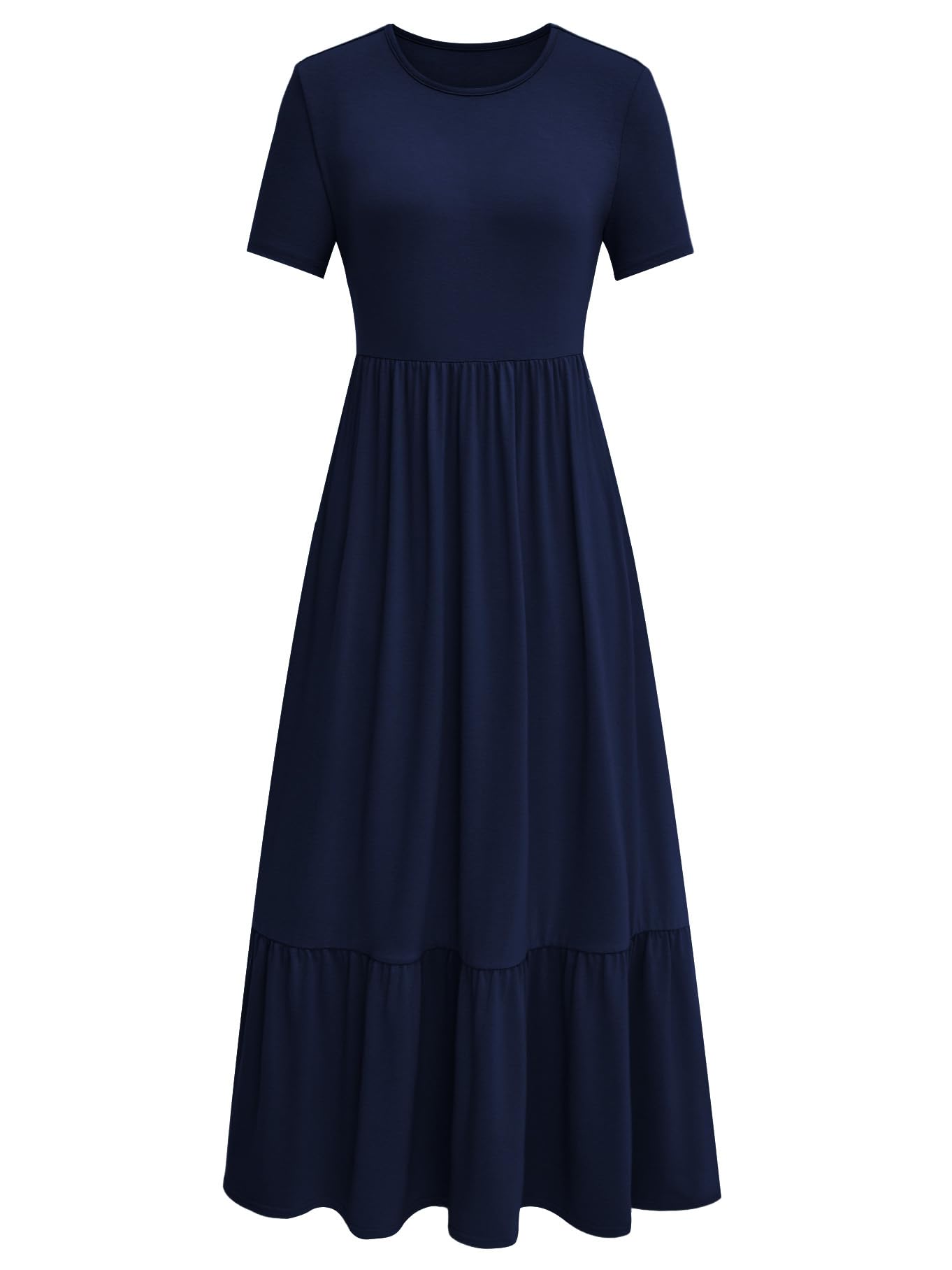 LILLUSORY Womens Short Sleeve Crew Neck Tiered Flowy Swing Midi Dresses with Pockets Navyblue