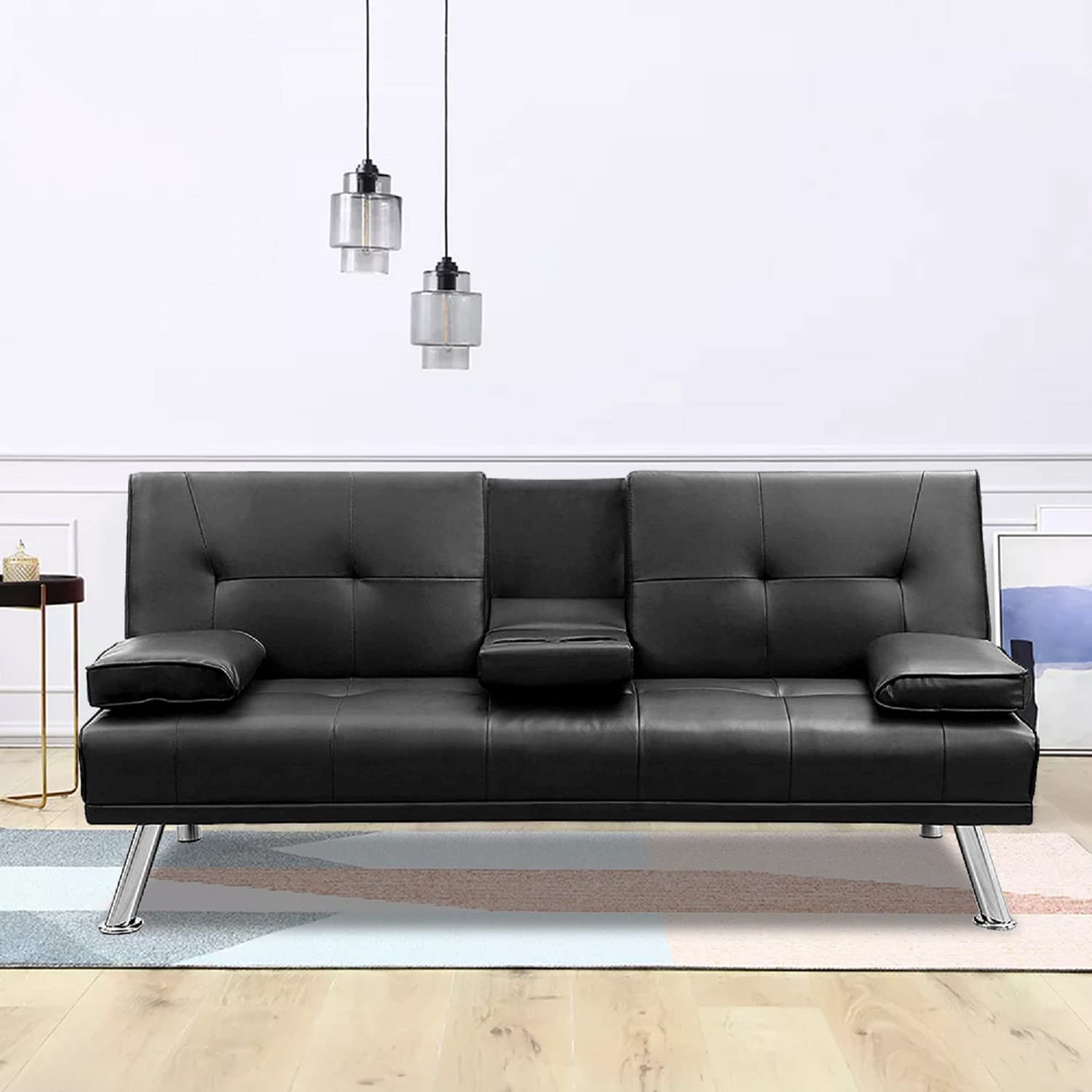 Futon Sofa Loveseat Convertible Sleeper Couch Bed for Living Room Apartment Small Space Furniture Sets with 2 Cup Holders Metal Legs,Removable Soft Pillow-Top Armrest, Black Sofa & Couch