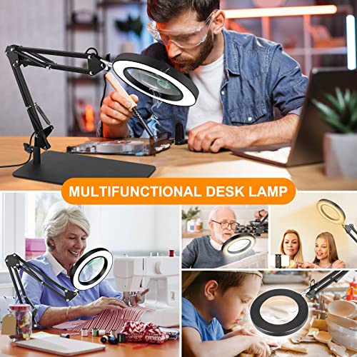 Magnifying Glass with Light and Stand, EOOKU 2-in-1 Magnifying Lamp & Clamp, 5X & 10X Magnifier 3 Color Modes Stepless Dimmable, Adjustable Swing Arm for Repair Crafts Soldering