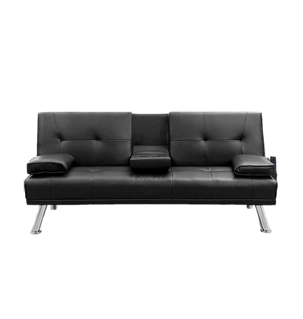 Futon Sofa Loveseat Convertible Sleeper Couch Bed for Living Room Apartment Small Space Furniture Sets with 2 Cup Holders Metal Legs,Removable Soft Pillow-Top Armrest, Black Sofa & Couch