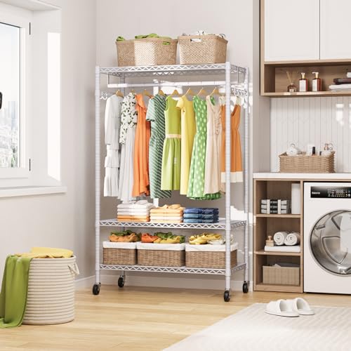 LEHOM G1 Heavy Duty Clothes Rack, 3 Tiers Rolling Garment Rack for Hanging Clothes, Adjustable Wire Clothing Rack with Storage Shelves, Lockable Wheels Freestanding Closet Wardrobe for Bedroom, White