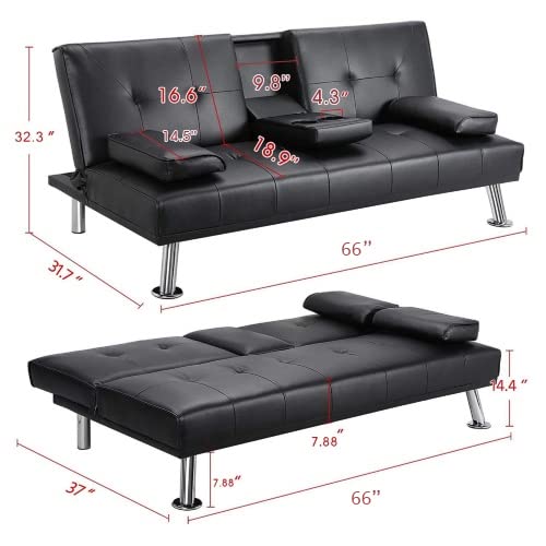 Futon Sofa Loveseat Convertible Sleeper Couch Bed for Living Room Apartment Small Space Furniture Sets with 2 Cup Holders Metal Legs,Removable Soft Pillow-Top Armrest, Black Sofa & Couch