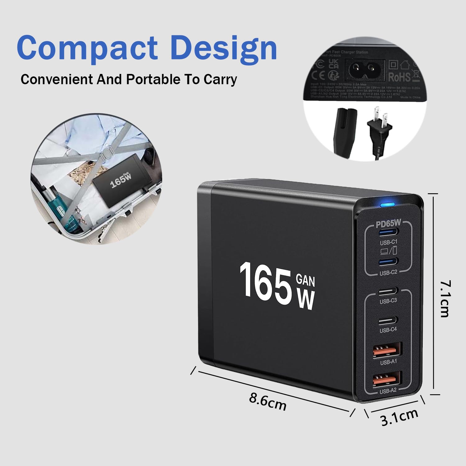USB C Charger Block, 165W Multiple Charging Station, USB Charger Block, 6-Port USB C Charging Station Compatible with MacBook Pro/Air, iPhone 14/13/12 Series, Samsung Galaxy, Pixel, Laptop