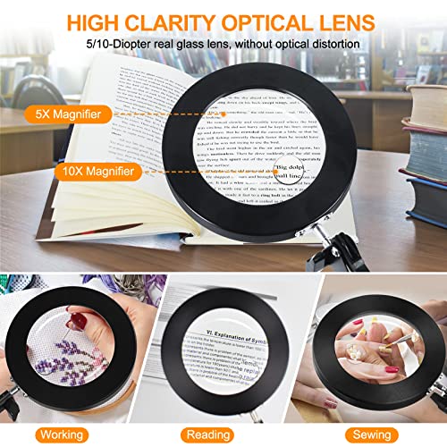 Magnifying Glass with Light and Stand, EOOKU 2-in-1 Magnifying Lamp & Clamp, 5X & 10X Magnifier 3 Color Modes Stepless Dimmable, Adjustable Swing Arm for Repair Crafts Soldering
