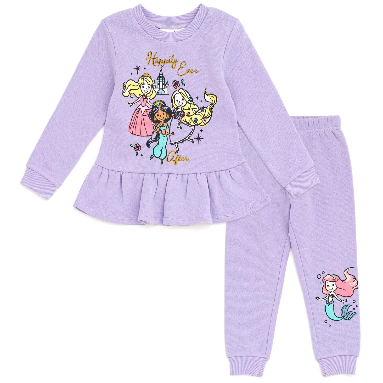 Disney Princess Rapunzel Jasmine Aurora Toddler Girls Fleece Sweatshirt and Pants Set Purple 5T