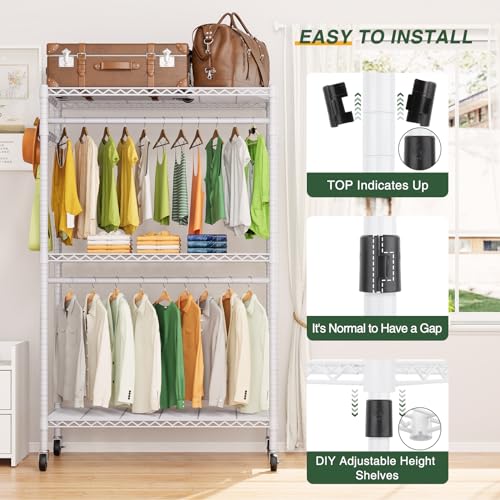 LEHOM G1 Heavy Duty Clothes Rack, 3 Tiers Rolling Garment Rack for Hanging Clothes, Adjustable Wire Clothing Rack with Storage Shelves, Lockable Wheels Freestanding Closet Wardrobe for Bedroom, White