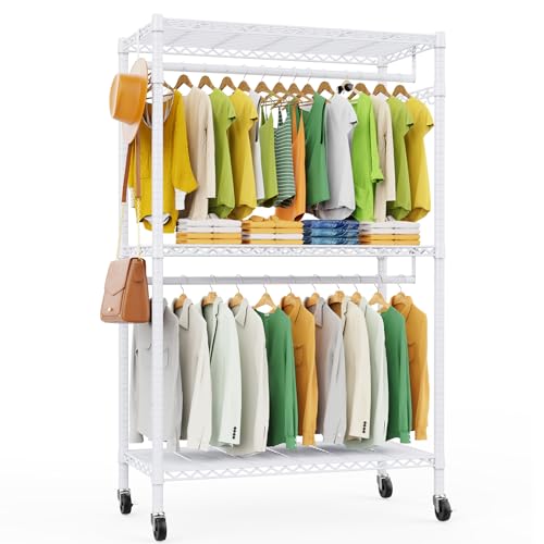 LEHOM G1 Heavy Duty Clothes Rack, 3 Tiers Rolling Garment Rack for Hanging Clothes, Adjustable Wire Clothing Rack with Storage Shelves, Lockable Wheels Freestanding Closet Wardrobe for Bedroom, White