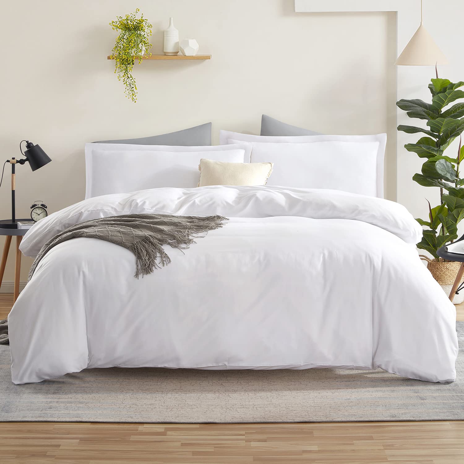 Nestl Double Brushed White Duvet Cover Queen Size 3 Piece Soft Queen Duvet Cover Set + Queen White Pillow Shams Set of 2