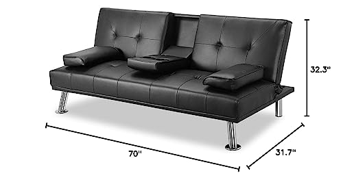 Futon Sofa Loveseat Convertible Sleeper Couch Bed for Living Room Apartment Small Space Furniture Sets with 2 Cup Holders Metal Legs,Removable Soft Pillow-Top Armrest, Black Sofa & Couch