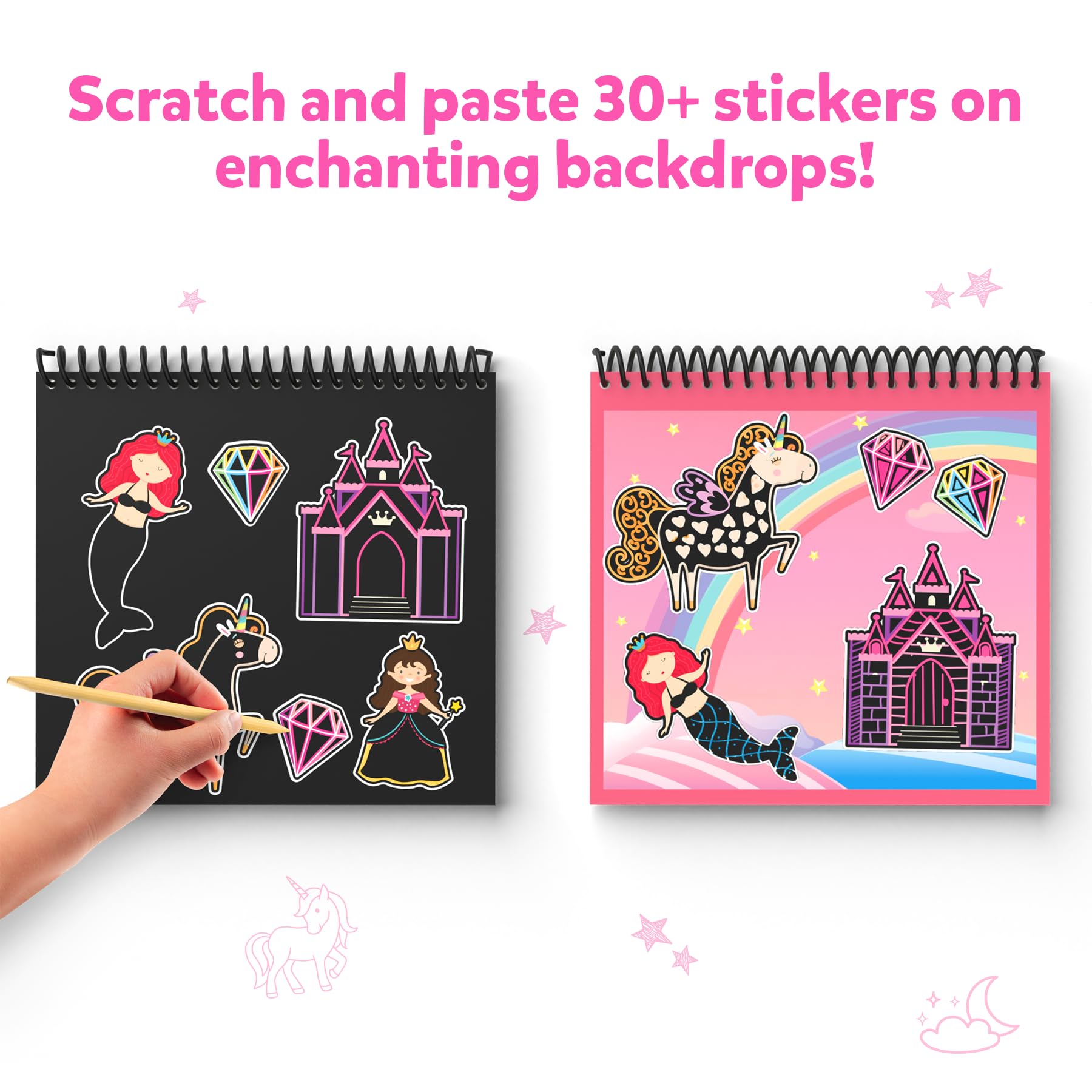 Skillmatics Scratch Art Book for Kids - Unicorns & Princesses, Craft Kits & Supplies, 30+ Scratch Stickers, Travel Toys, DIY Kit, Gifts for Girls & Boys Ages 3, 4, 5, 6, 7, 8