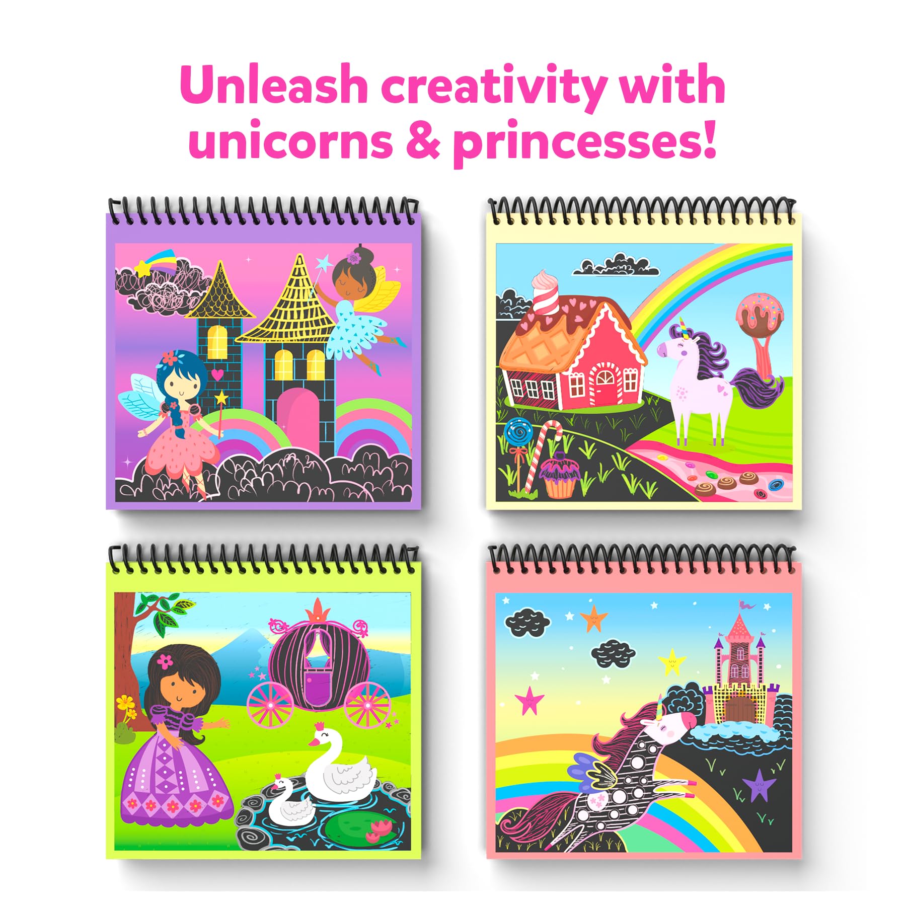 Skillmatics Scratch Art Book for Kids - Unicorns & Princesses, Craft Kits & Supplies, 30+ Scratch Stickers, Travel Toys, DIY Kit, Gifts for Girls & Boys Ages 3, 4, 5, 6, 7, 8
