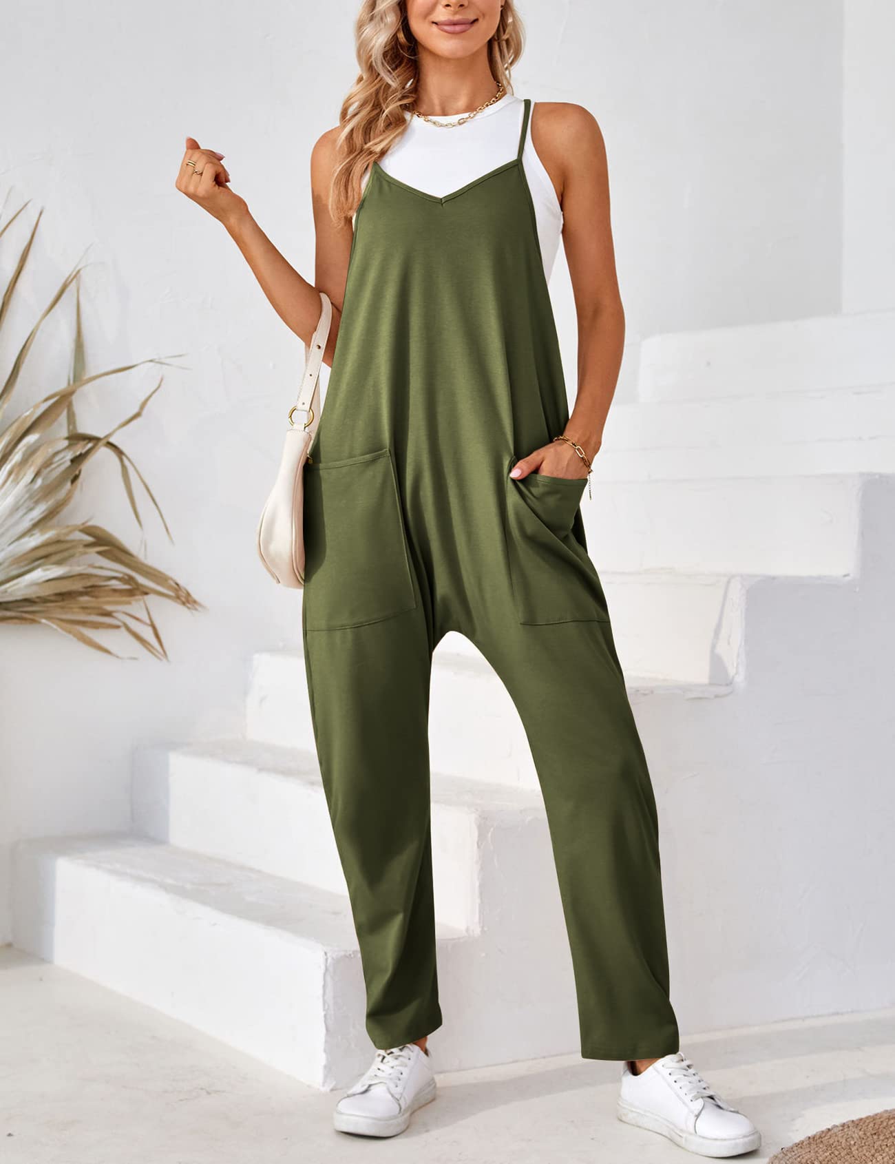 Wyeysyt Womens Casual Jumpsuits Sleeveless Loose Adjustable Strap Overalls Wide Leg Baggy Bibs Romper Pants with Pockets(ArmyGreen-M)