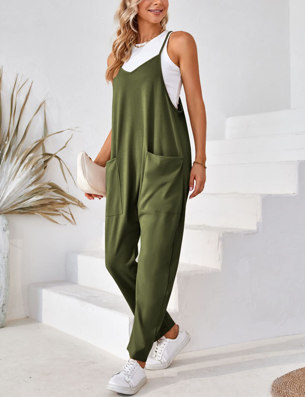 Wyeysyt Womens Casual Jumpsuits Sleeveless Loose Adjustable Strap Overalls Wide Leg Baggy Bibs Romper Pants with Pockets(ArmyGreen-M)