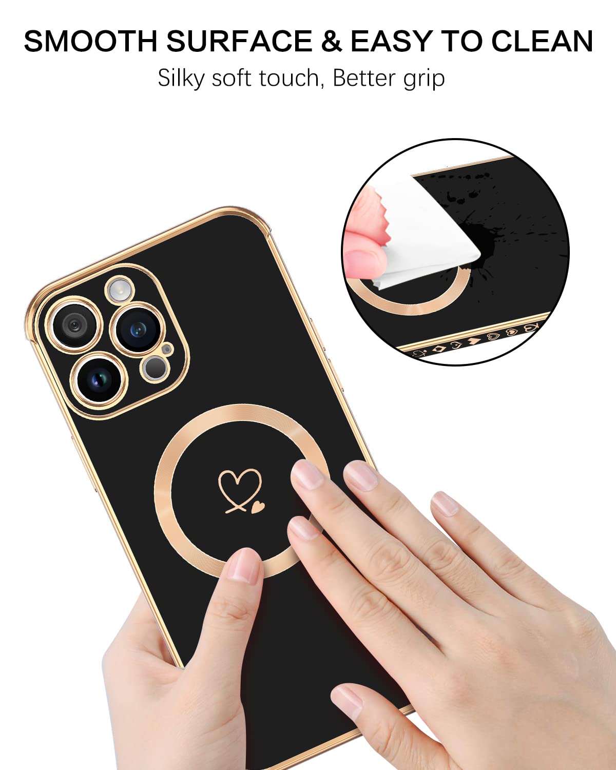 BENTOBEN iPhone 14 Pro Max Phone Case [Compatible with Magsafe] Slim Thin Luxury Gold Heart Design Shockproof Protection Soft TPU Bumper Drop Protective Girls Women Boy Men 14 ProMax Cover, Black/Gold