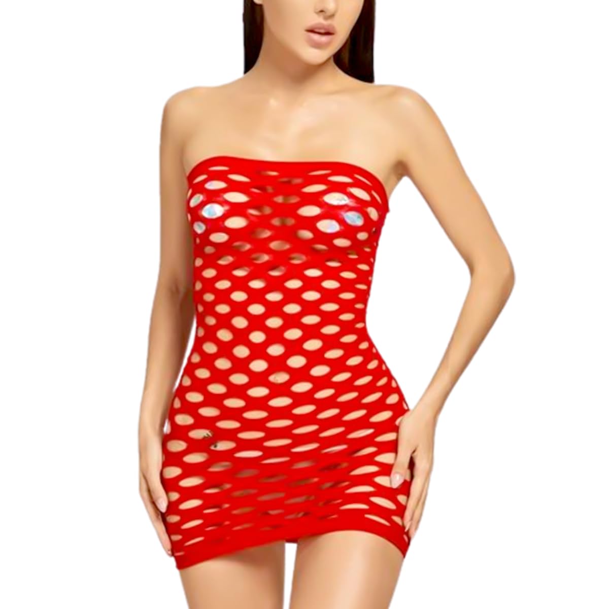 Sexy Womens Strapless Fishnet Lingerie Sleepwear Mini Dress Tube Chemise Bodysuit One Size (Red)