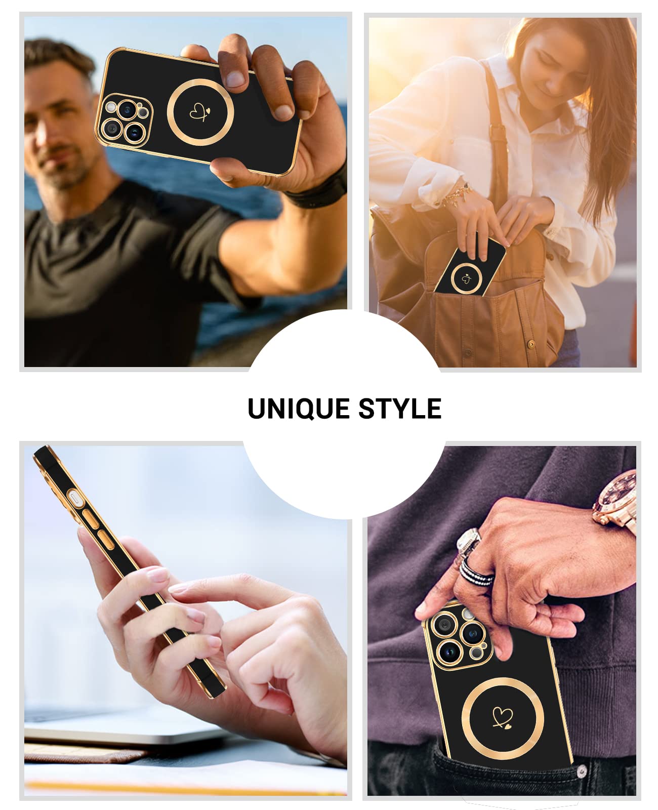 BENTOBEN iPhone 14 Pro Max Phone Case [Compatible with Magsafe] Slim Thin Luxury Gold Heart Design Shockproof Protection Soft TPU Bumper Drop Protective Girls Women Boy Men 14 ProMax Cover, Black/Gold