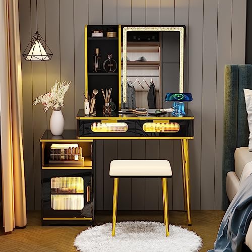 HNEBC Vanity Desk with Mirror and Lights,White Vanity Set with USB&Type-C&Wireless Charging,Makeup Vanity with Drawers/Stool, Voice Control Switch Vanity Makeup Desk for Bedroom&Dressing Room,Black