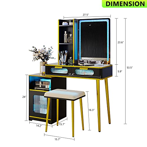 HNEBC Vanity Desk with Mirror and Lights,White Vanity Set with USB&Type-C&Wireless Charging,Makeup Vanity with Drawers/Stool, Voice Control Switch Vanity Makeup Desk for Bedroom&Dressing Room,Black