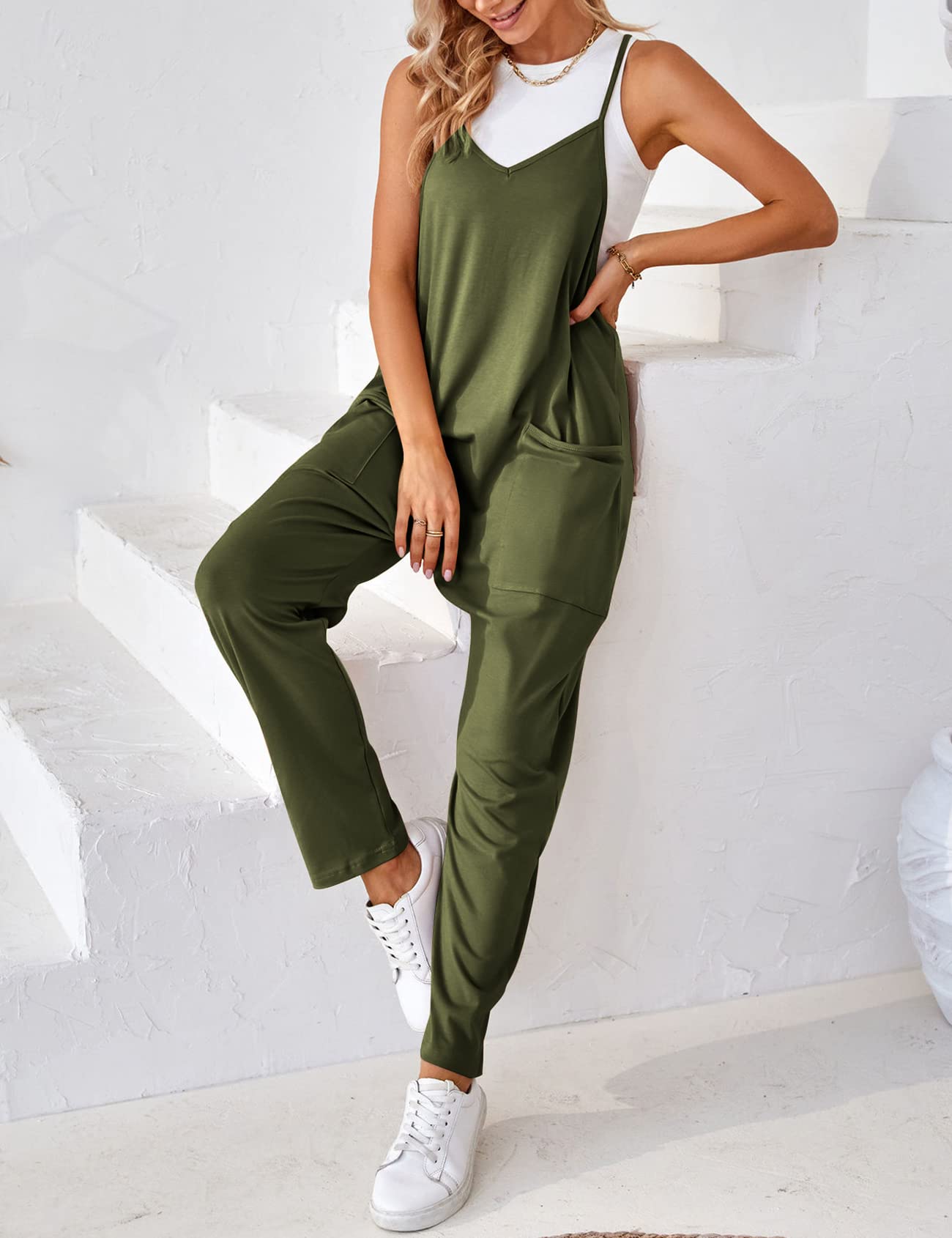 Wyeysyt Womens Casual Jumpsuits Sleeveless Loose Adjustable Strap Overalls Wide Leg Baggy Bibs Romper Pants with Pockets(ArmyGreen-M)