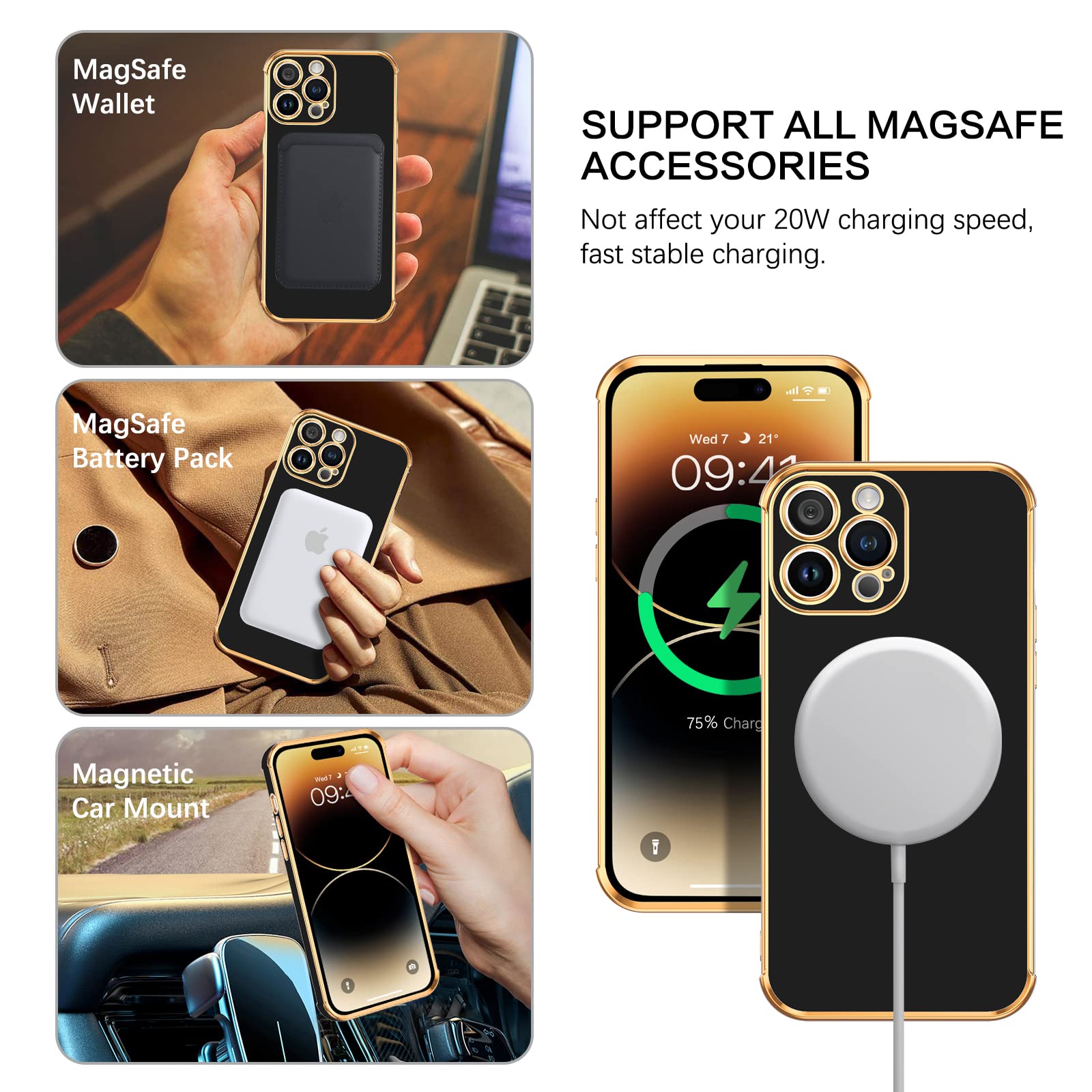 BENTOBEN iPhone 14 Pro Max Phone Case [Compatible with Magsafe] Slim Thin Luxury Gold Heart Design Shockproof Protection Soft TPU Bumper Drop Protective Girls Women Boy Men 14 ProMax Cover, Black/Gold