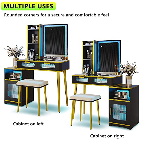 HNEBC Vanity Desk with Mirror and Lights,White Vanity Set with USB&Type-C&Wireless Charging,Makeup Vanity with Drawers/Stool, Voice Control Switch Vanity Makeup Desk for Bedroom&Dressing Room,Black